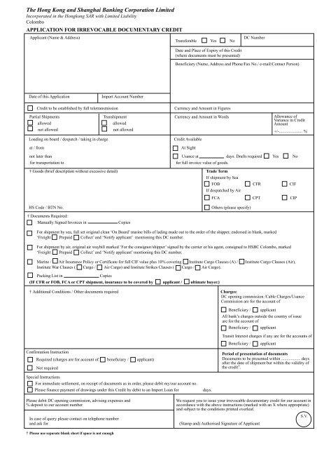 Application for Irrevocable Documentary Credit