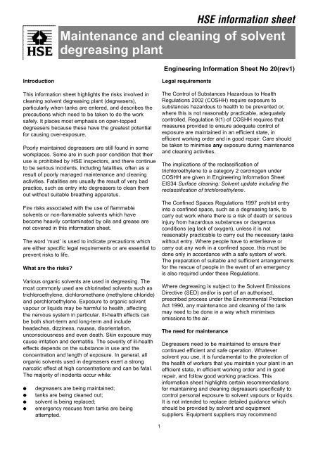 Maintenance and cleaning of solvent degreasing plant - HSE