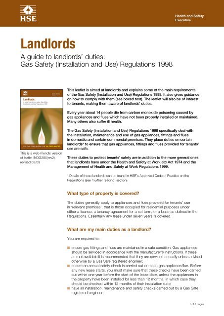 INDG285 - Landlords, a guide to landlords duties: Gas Safety ... - HSE