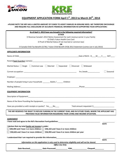 2013-2014 KRF Equipment Application Form & Guidelines