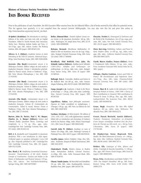 ISIS BOOKS RECEIVED - History of Science Society