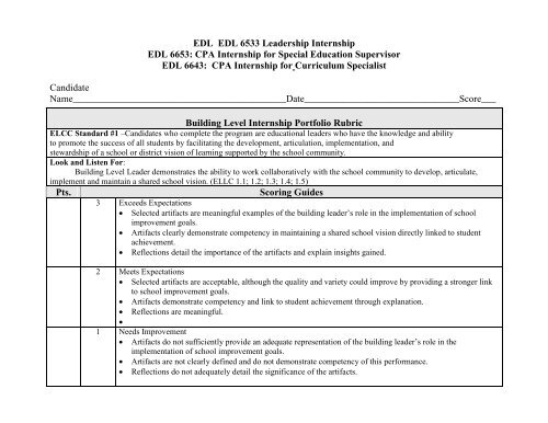 Principal Internship Portfolio Rubric
