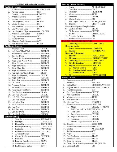 C-172RG Abbreviated Checklist Preflight - Interior 1. POH ...