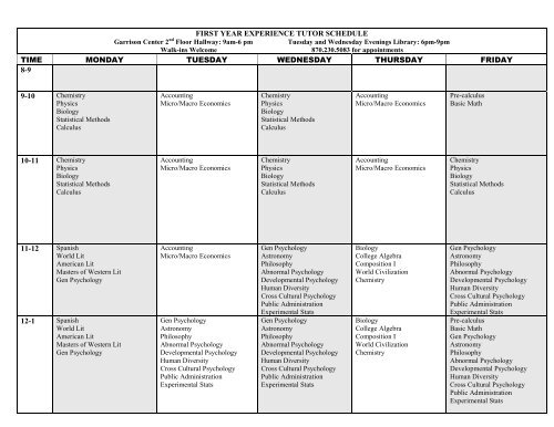 STUDENT SUCCESS TUTOR SCHEDULE