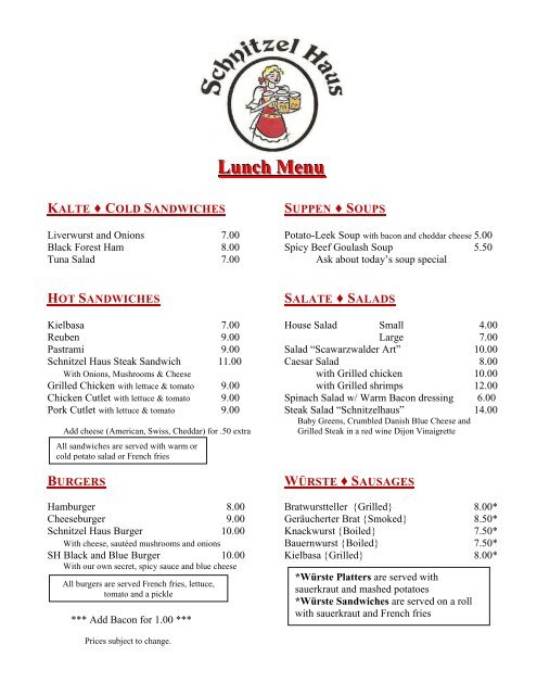 Click Here to Download our Lunch Menu - Schnitzel Haus