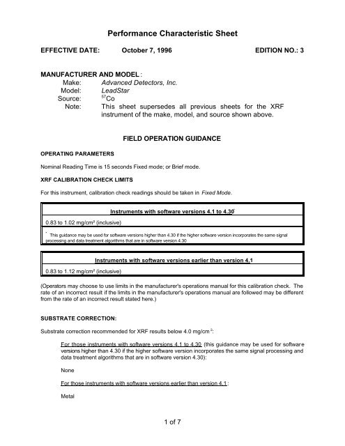XRF Performance Characteristic Sheets - HUD