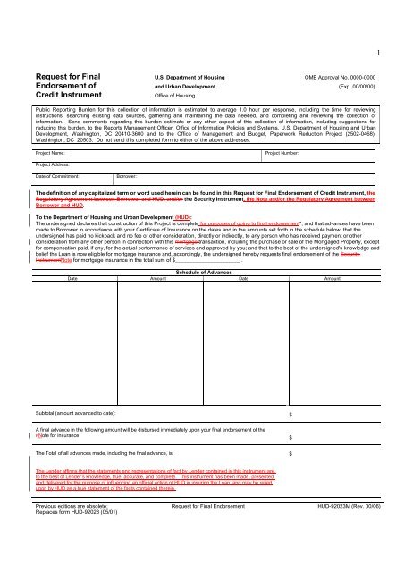 1 Request for Final Endorsement of Credit Instrument - HUD