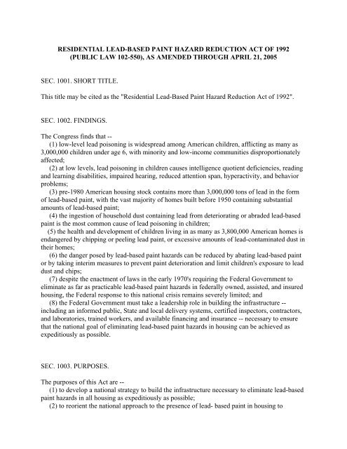 residential lead-based paint hazard reduction act of 1992 - HUD