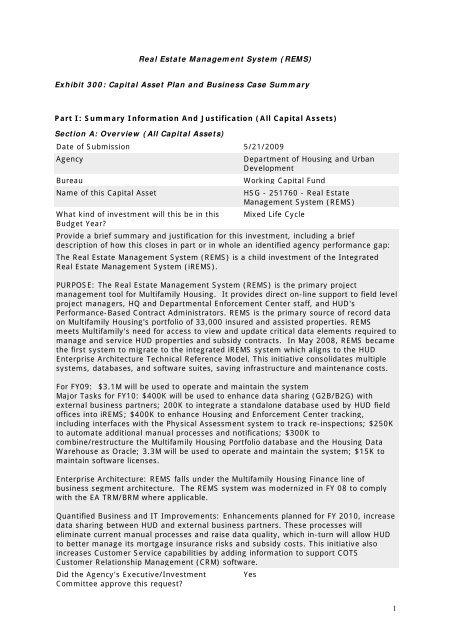 Integrated Real Estate Management System (iREMS) - HUD