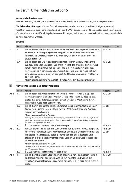 Im Beruf Unterrichtsplan Lektion 5 - Hueber