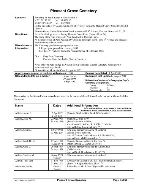 Pleasant Grove Cemetery - Hueytown