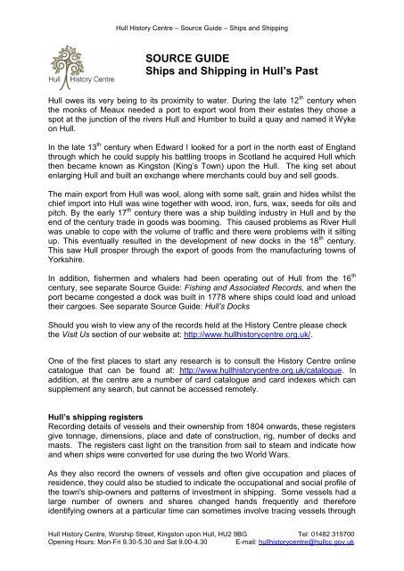 SOURCE GUIDE Ships and Shipping in Hull's Past - Hull History ...