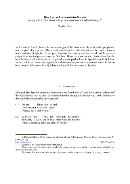 Give + gerund in Ecuadorian Spanish A calque from Quichua or a ...