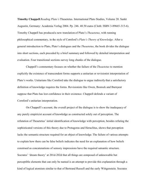 Timothy Chappell Reading Plato's Theaetetus. International Plato ...