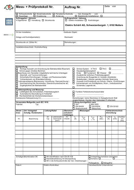 Mess- + Prüfprotokoll Nr. Auftrag Nr. - bei Elektro Schärli AG