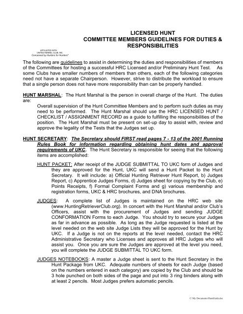 hunt guidelines checklist - Hunting Retriever Club, Inc.