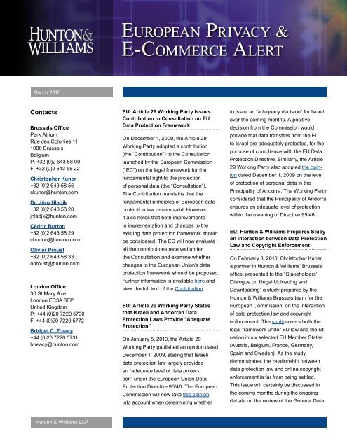 Hunton & Williams European Privacy & E-Commerce Alert