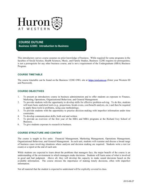 COURSE OUTLINE - Huron University College
