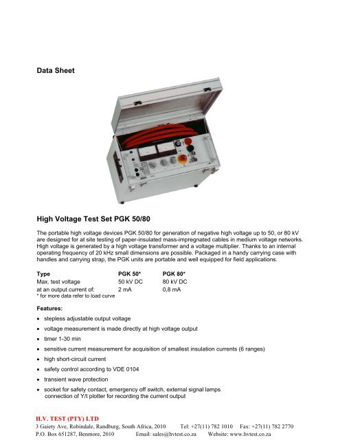 Data Sheet High Voltage Test Set PGK 50/80 - HVTEST South Africa