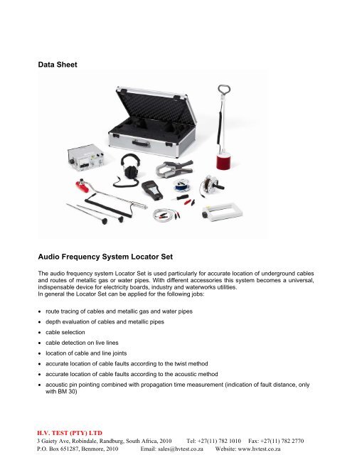 Data Sheet Audio Frequency System Locator Set - HVTEST South ...