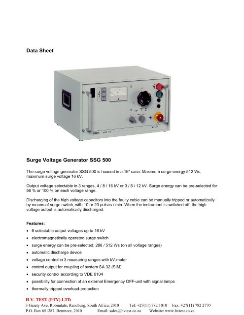 Data Sheet Surge Voltage Generator SSG 500 - HVTEST South Africa