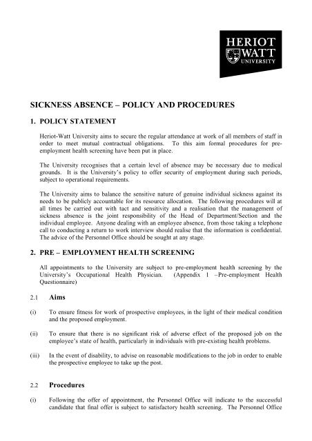 sickness absence â policy and procedures - Heriot-Watt University