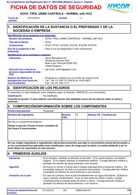 1291 KOVA -TROL URINE CONTROLS ... - Hycor Biomedical