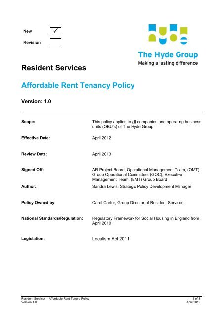 Affordable Rent Tenure Policy - Hyde Housing Association