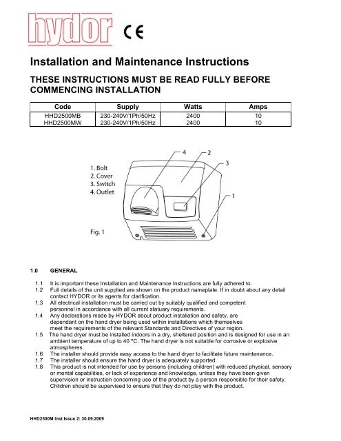Hand Dryer Manual Installation - Hydor