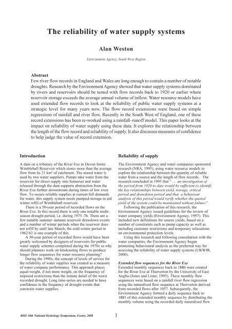 The reliability of water supply systems