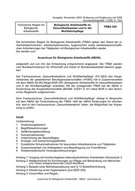 TRBA 250 "Biologische Arbeitsstoffe im Gesundheitswesen und in ...