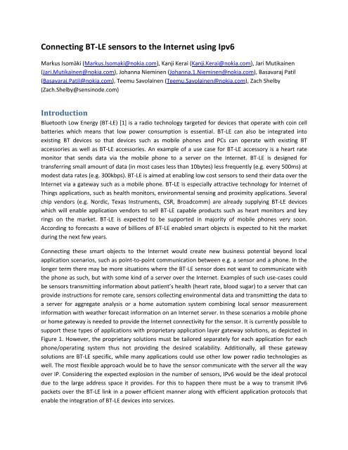 Connecting BT-LE sensors to the Internet using Ipv6