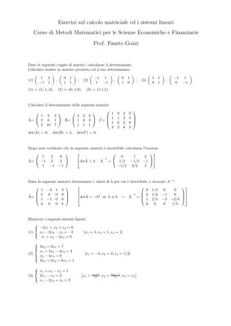 Esercizi sul calcolo matriciale ed i sistemi lineari Corso di Metodi ...