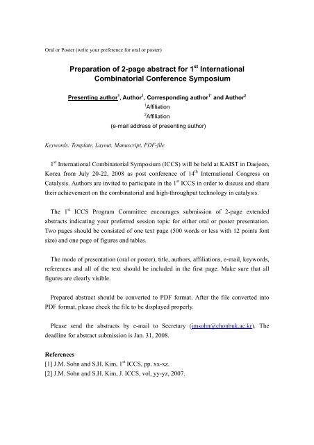 Preparation Of 2 page Abstract For 1 International Combinatorial 