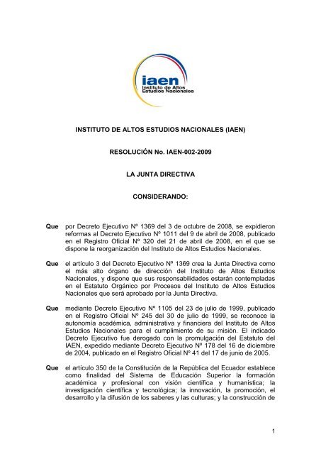 Estatuto OrgÃ¡nico de GestiÃ³n Organizacional por Procesos - El IAEN y
