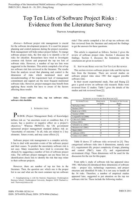 Top Ten Lists Of Software Project Risks Evidence From The