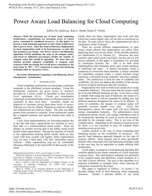 Power Aware Load Balancing for Cloud Computing - International ...