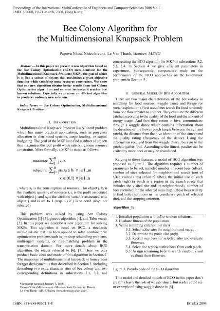 Bee Colony Algorithm For The Multidimensional Knapsack Problem