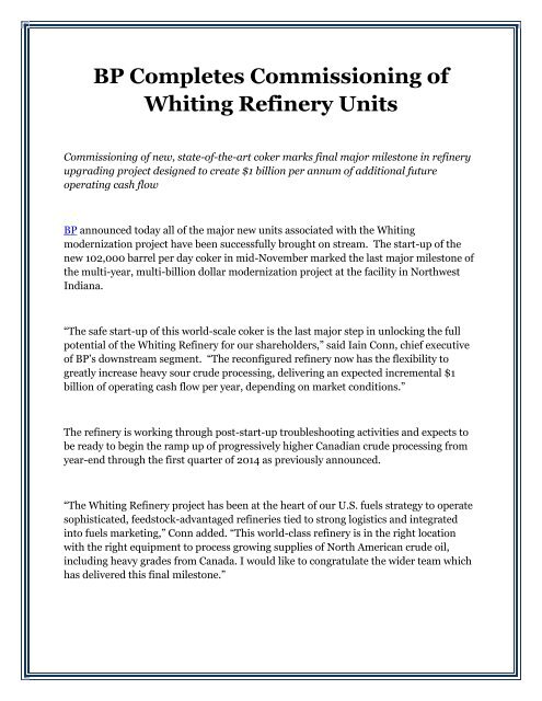 BP Holdings Press Releases : BP Completes Commissioning of Whiting ...