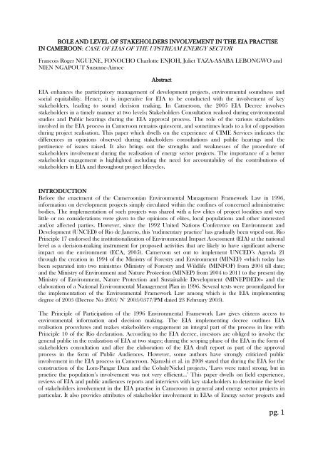 role and level of stakeholders involvement in the eia practise in ...