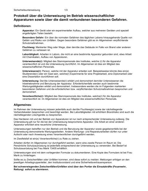 Protokoll über die Unterweisung im Betrieb ... - IAP/TU Wien