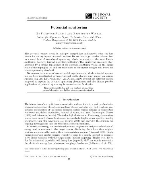 Potential sputtering - IAP/TU Wien - Technische Universität Wien
