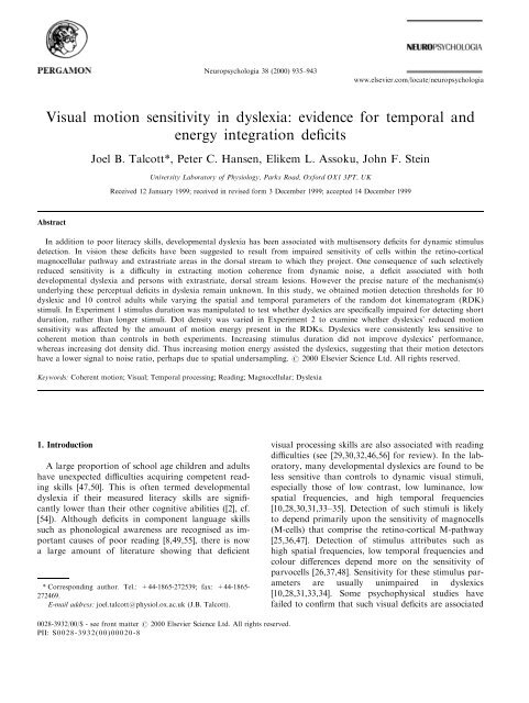 Visual motion sensitivity in dyslexia: evidence for temporal and ...