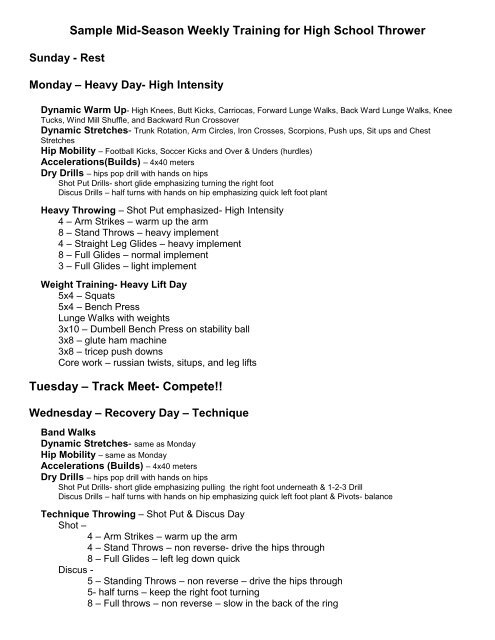Sample Mid Season Weekly Training for High School Throwers - iatccc