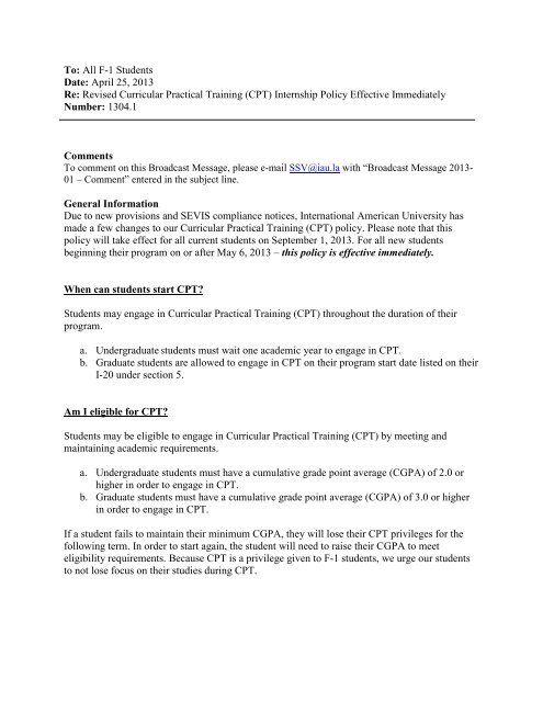 (CPT) Internship Policy Effective Immediately - International ...