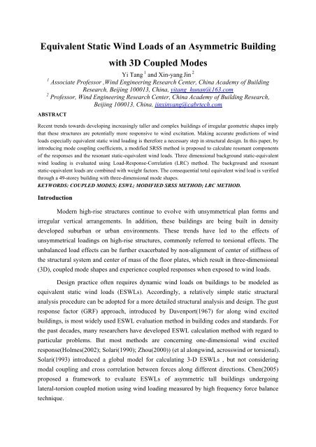 Equivalent Static Wind Loads of an Asymmetric Building with 3D ...