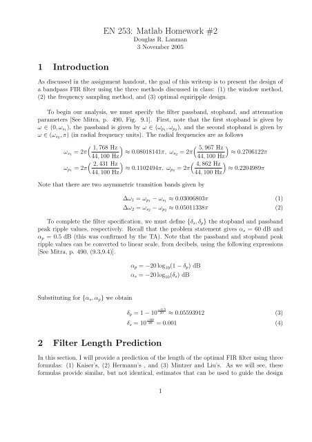 EN 253: Matlab Homework #2 1 Introduction 2 Filter ... - MIT Media Lab