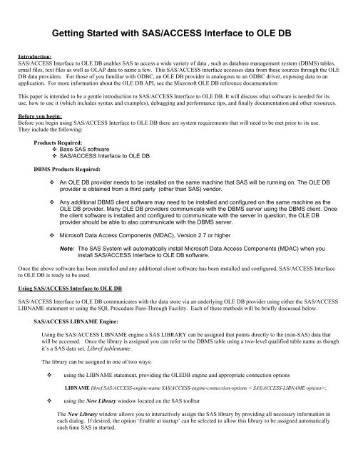 Getting Started with SAS/ACCESS Interface to OLE DB