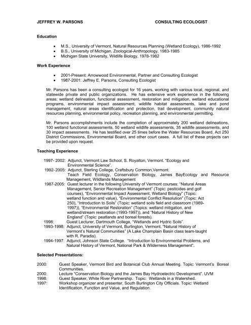 Parsons Resume - Vermont Public Service Board