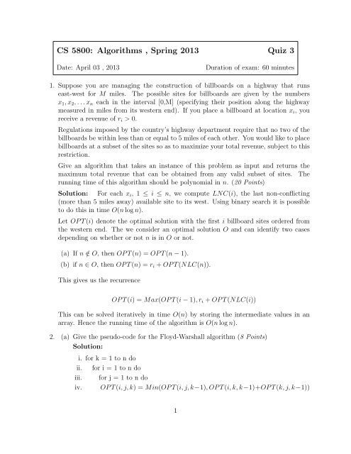 CS 5800: Algorithms , Spring 2013 Quiz 3